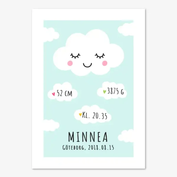 Födelsetavla med sovande moln, personligt anpassat namn och födelsedata ...